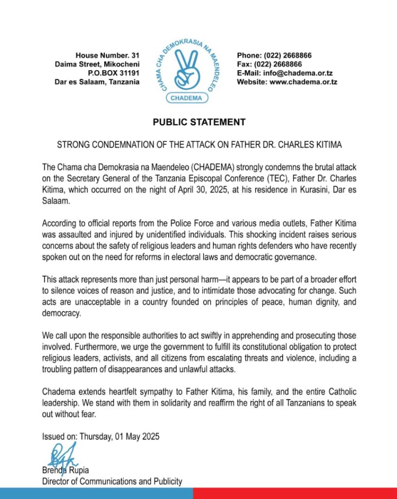 CHADEMA NA ACT WALAANI TUKIO LA KUSHAMBULIWA PADRE KITIMA - New Times Tanzania